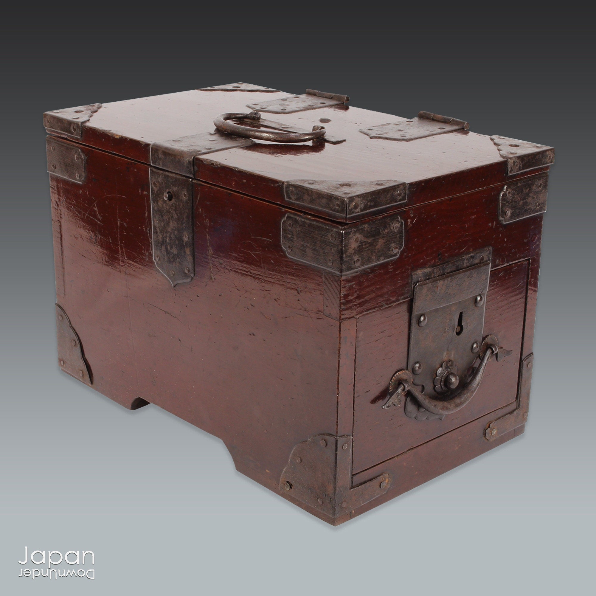 japanese antique lacquer accounting box with heavy metal work, suzurib ...